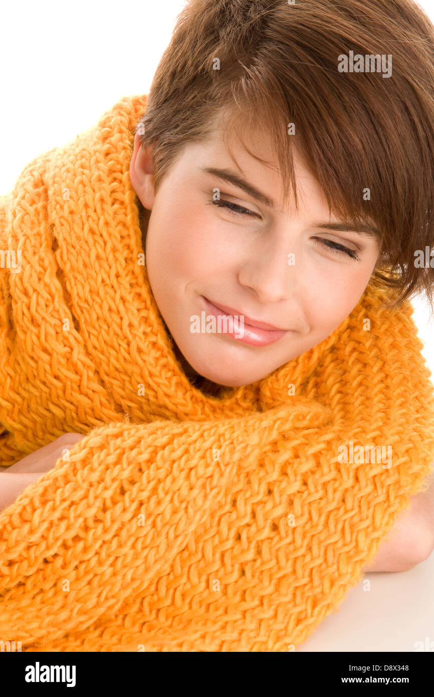 Woman wearing woolly scarf Stock Photo - Alamy