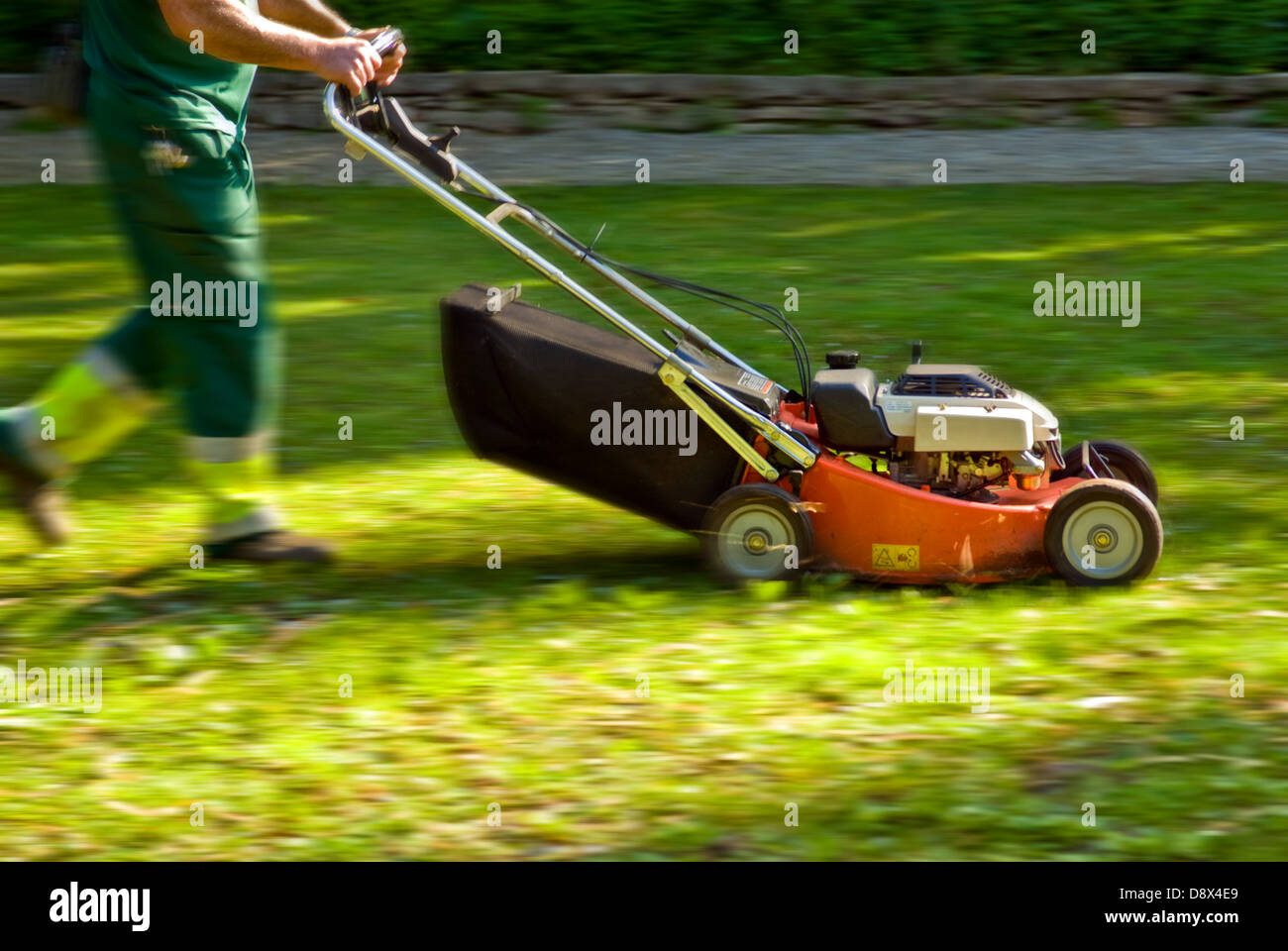 gardener with a mowing machine cutting the grass in a park Stock Photo ...