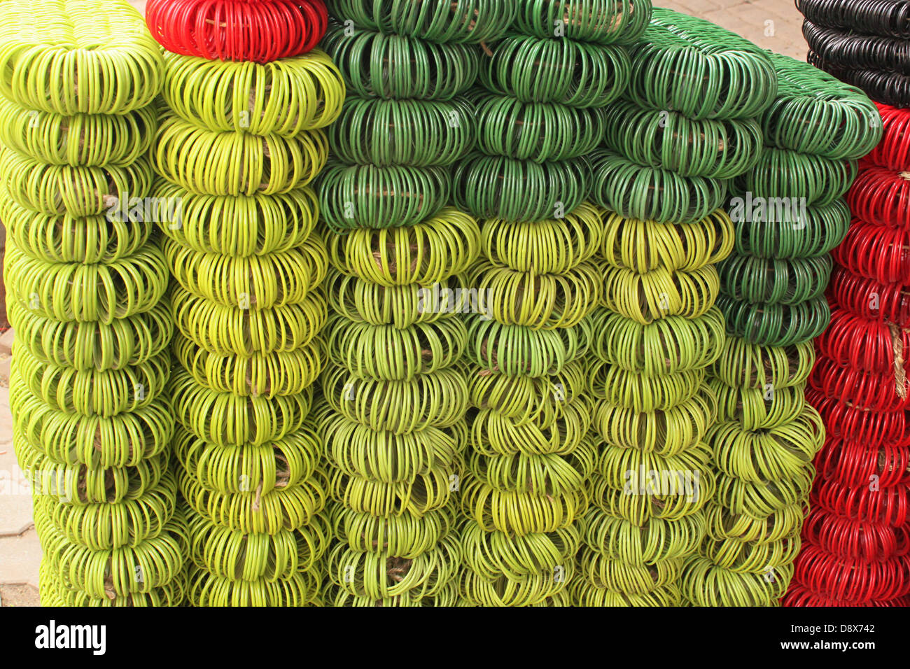 Stacks of green and red bangles for sale at Agra market Uttar Pradesh ...