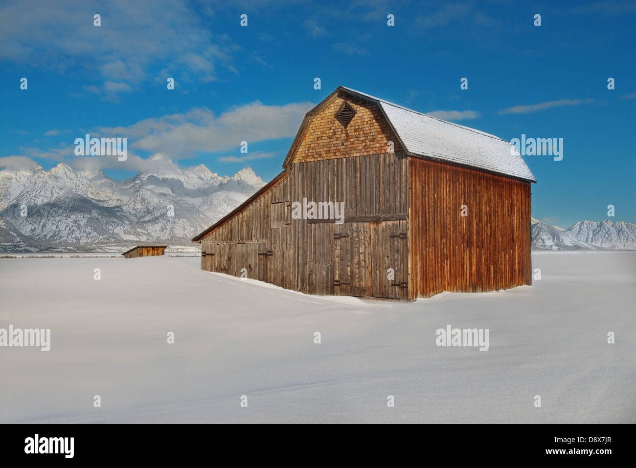 The scenic and rustic Mormon Row barn in Jackson, Wyoming in winter ...