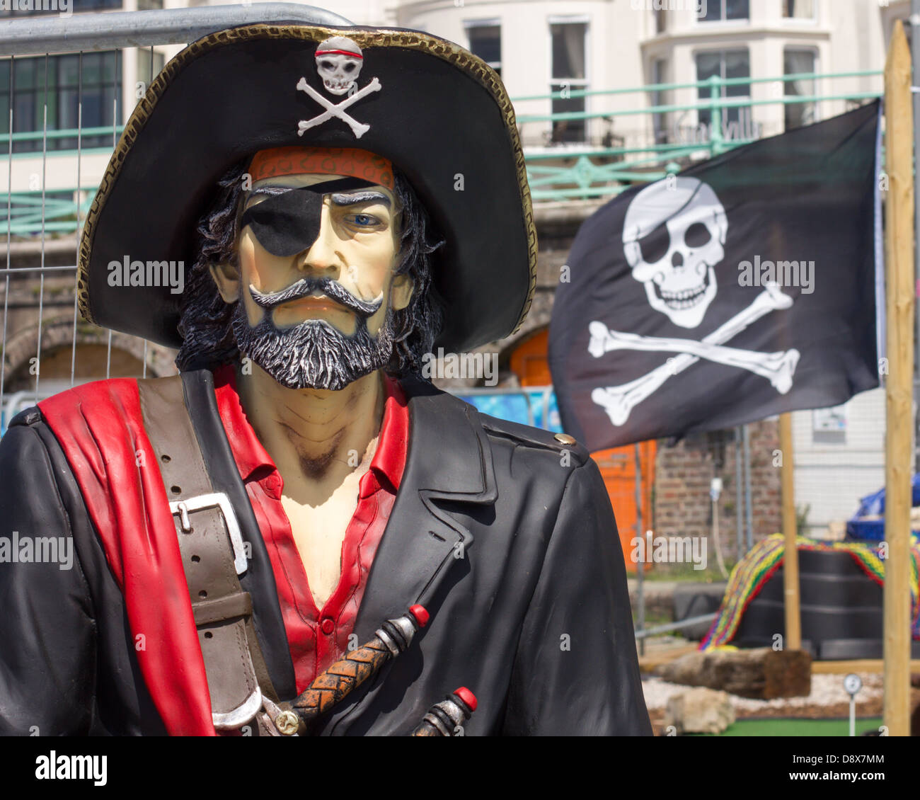 Pirate mannequin and Jolly Roger flag, Brighton seafront, Sussex, UK ...
