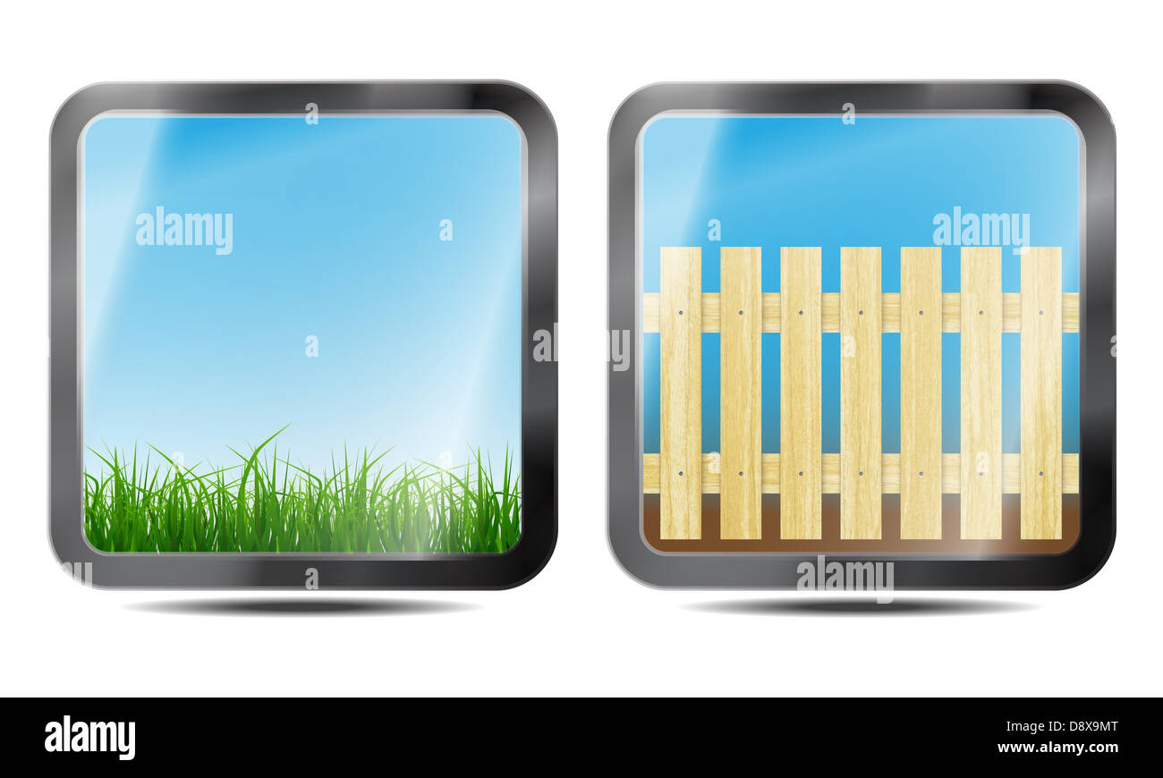 new set of modern buttons with green grass and wooden fence Stock Photo ...