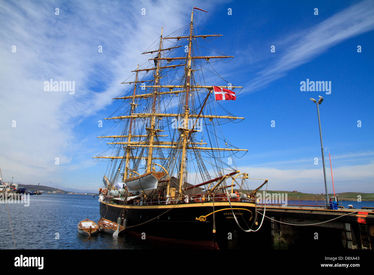 The Georg Stage, a Danish training sailing ship at Lerwick pier Stock ...