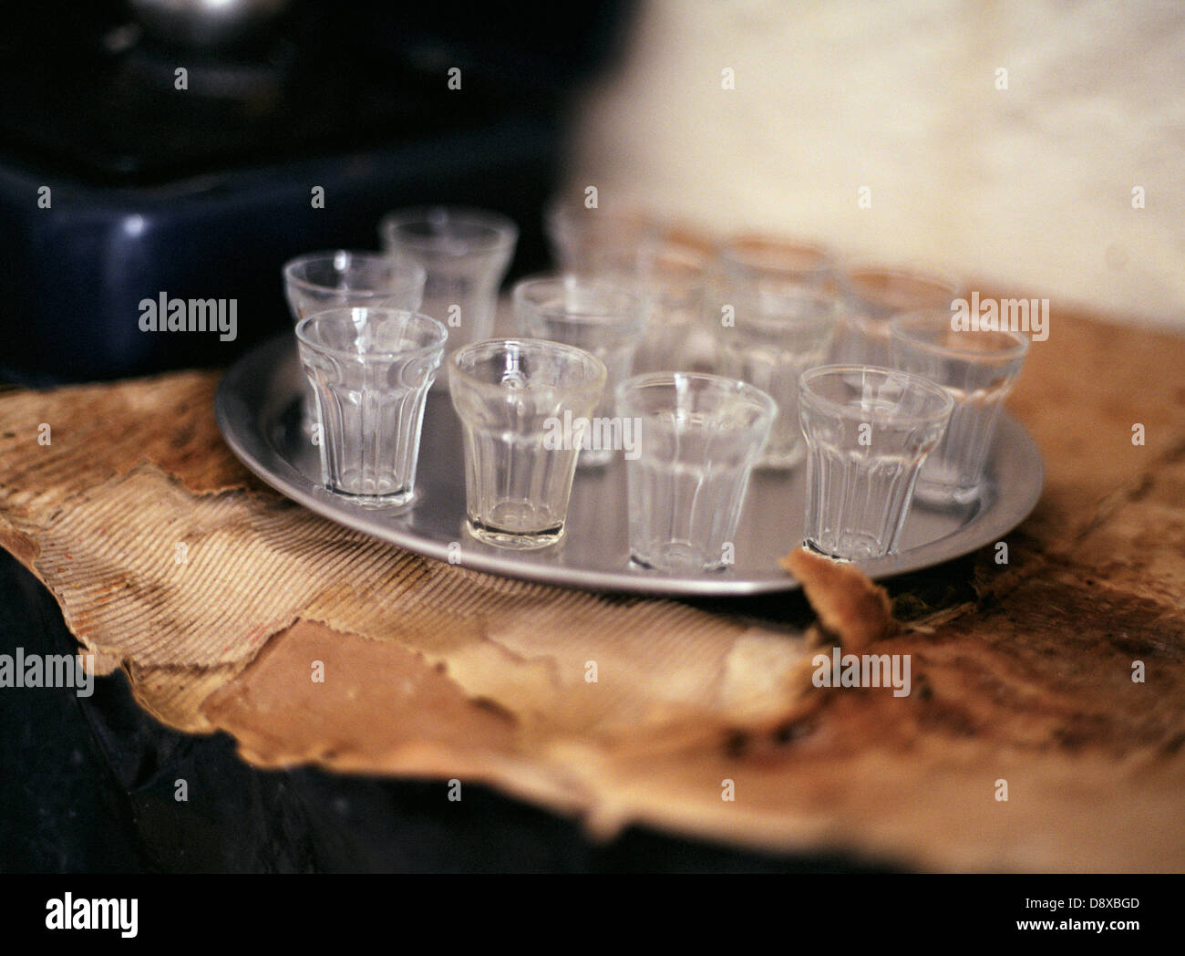A tray of empty tea glasses Stock Photo - Alamy