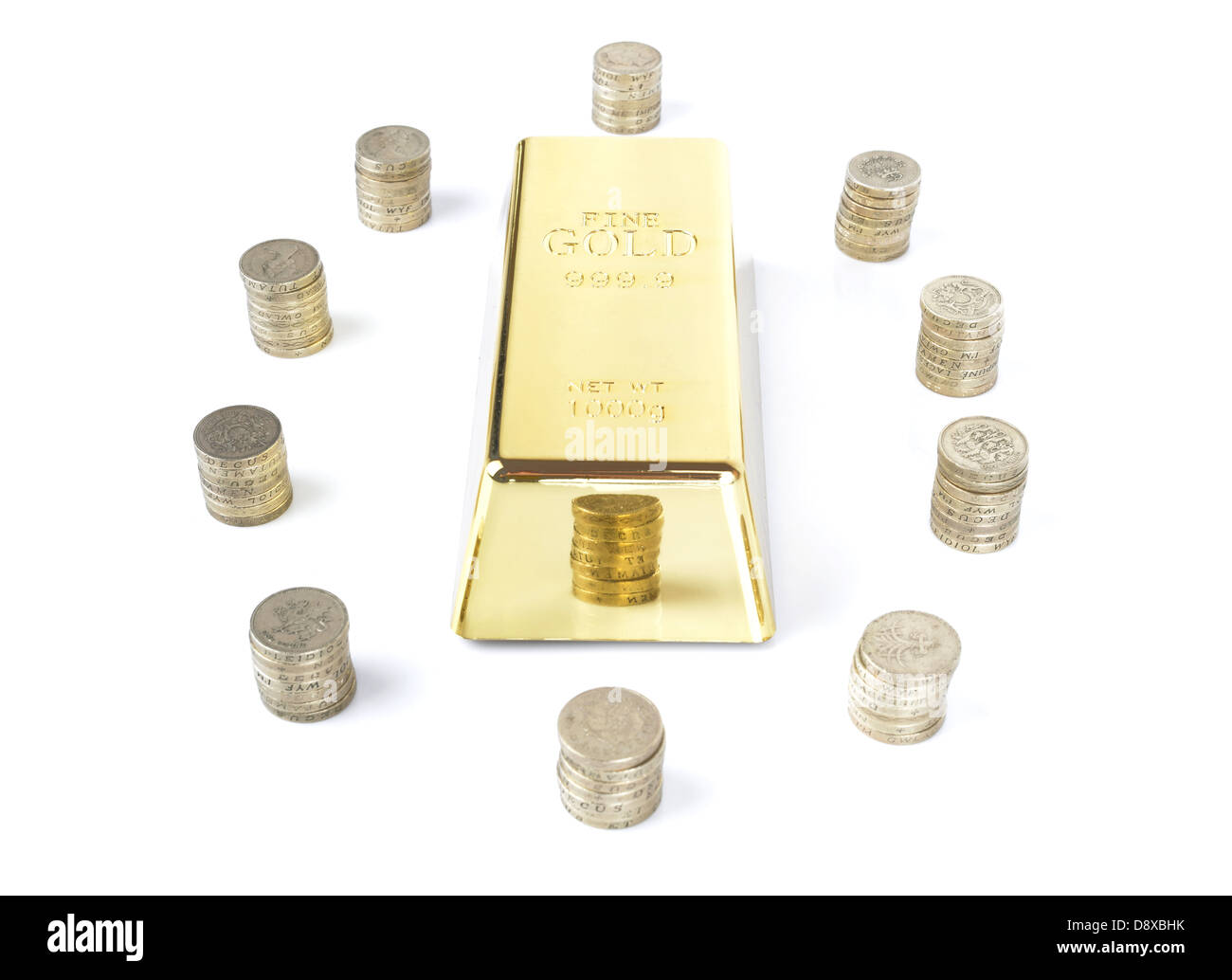 Gold bar surrounded by stacks of coins isolated on white Stock Photo ...