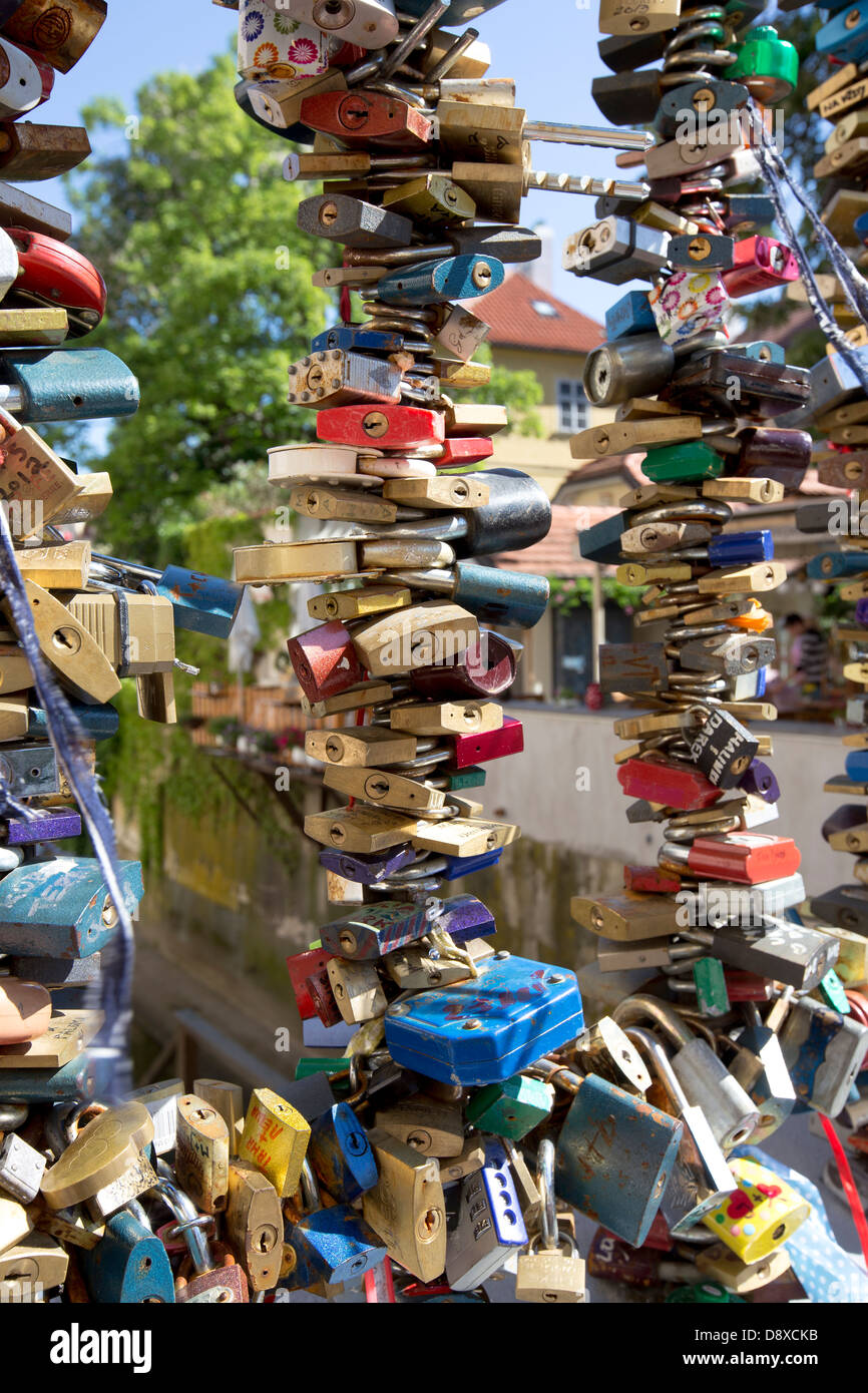 Some padlocks at the Love Locks Bridge, , Prague, Czech Republic ...