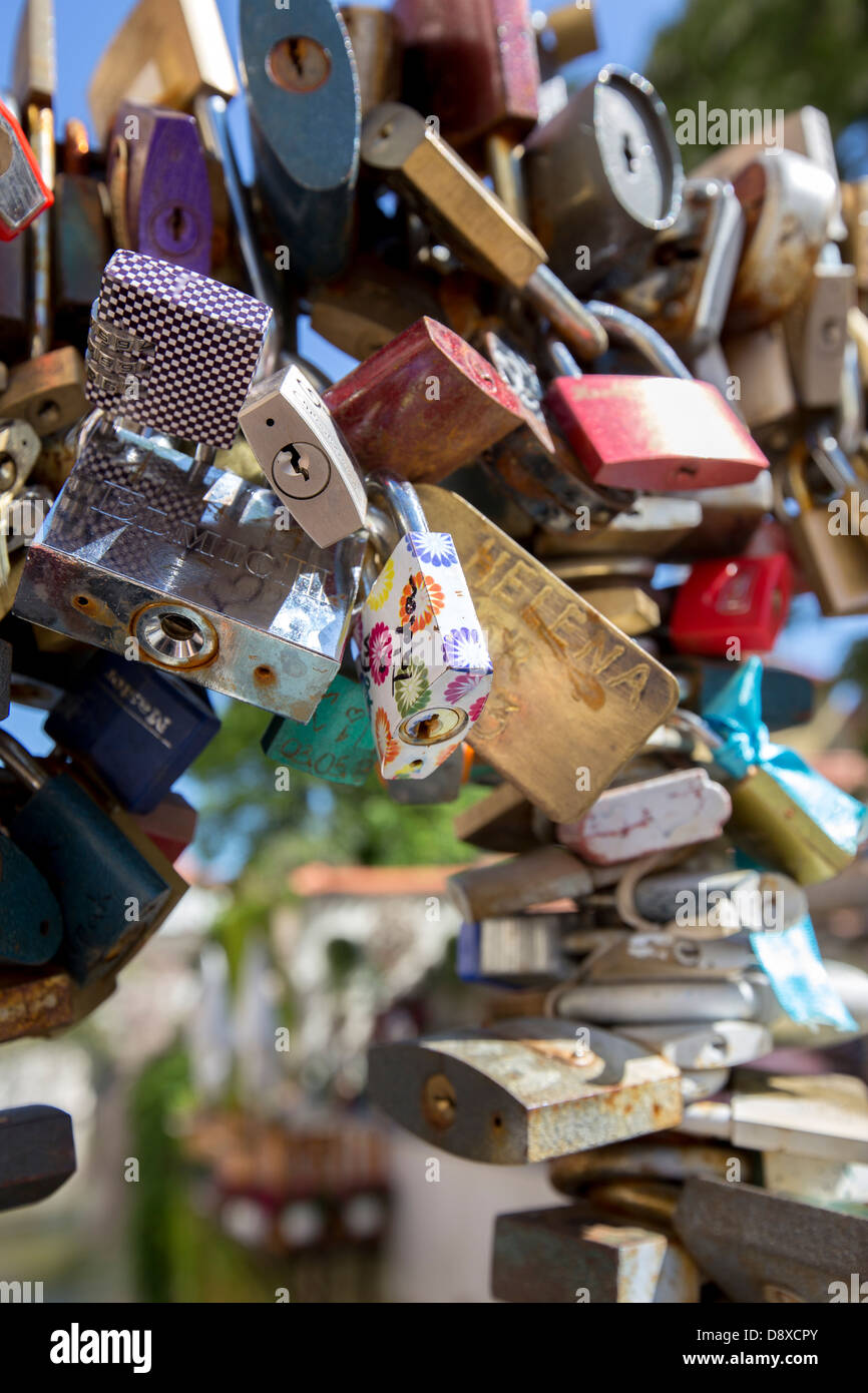 Some padlocks at the Love Locks Bridge, , Prague, Czech Republic ...