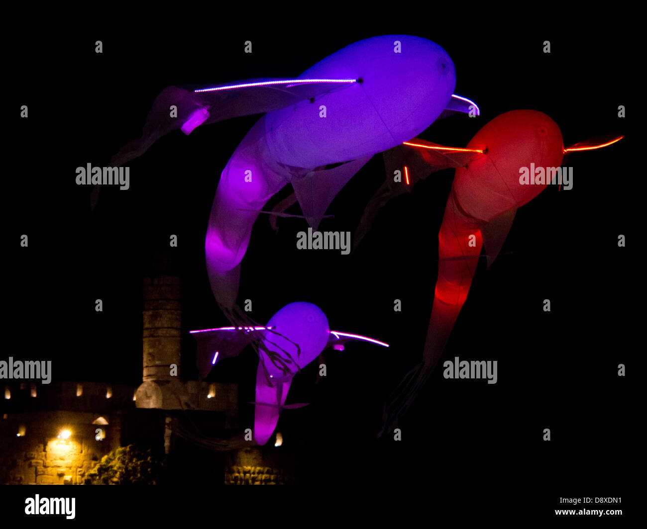 Jerusalem, Israel. 5th June 2013. An installation of helium kites, 'Les ...