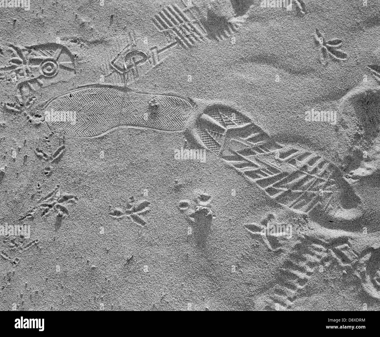Foot imprint in sand, overhead view (B&W Stock Photo - Alamy
