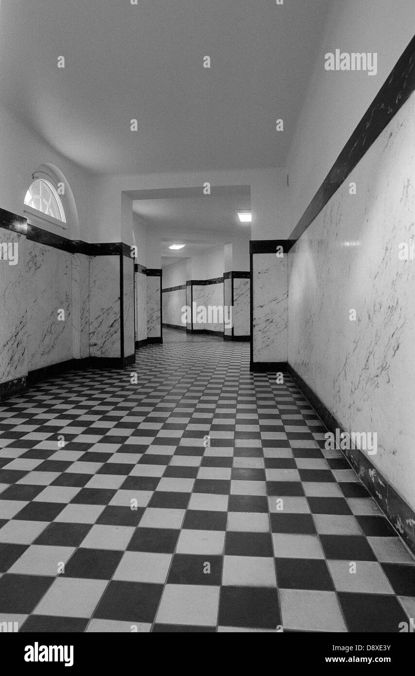 Passage with tiled flooring (B&W Stock Photo - Alamy