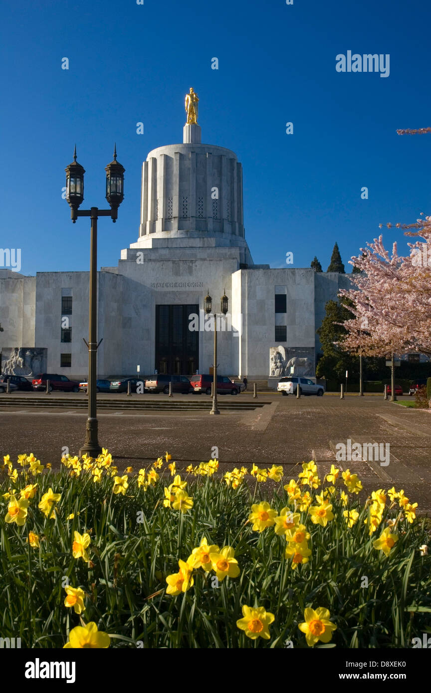 State capitol with daffodils in bloom, State Capitol State Park, Salem ...