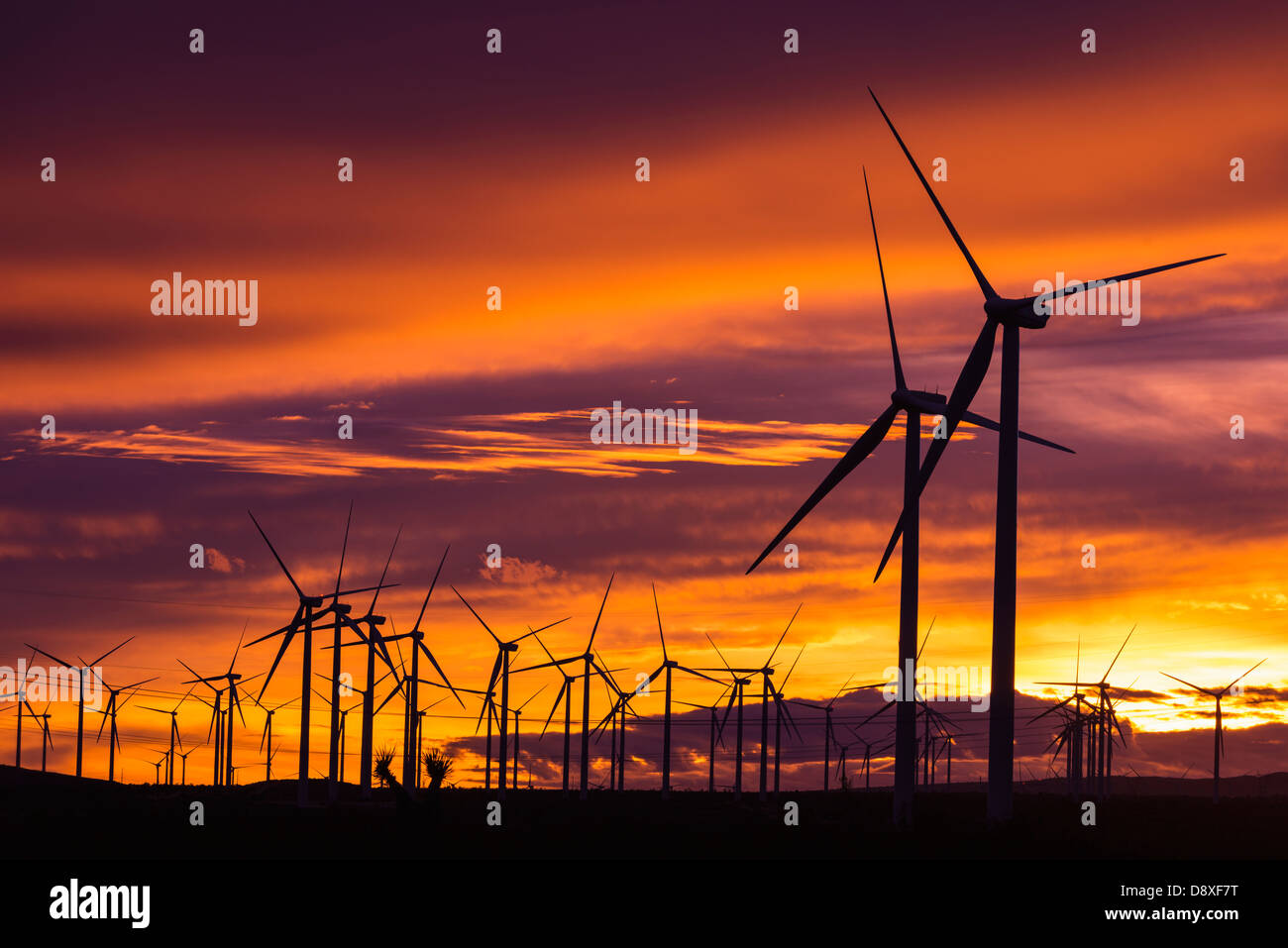 Silhouetted wind turbines at sunset, Mojave, California USA Stock Photo ...
