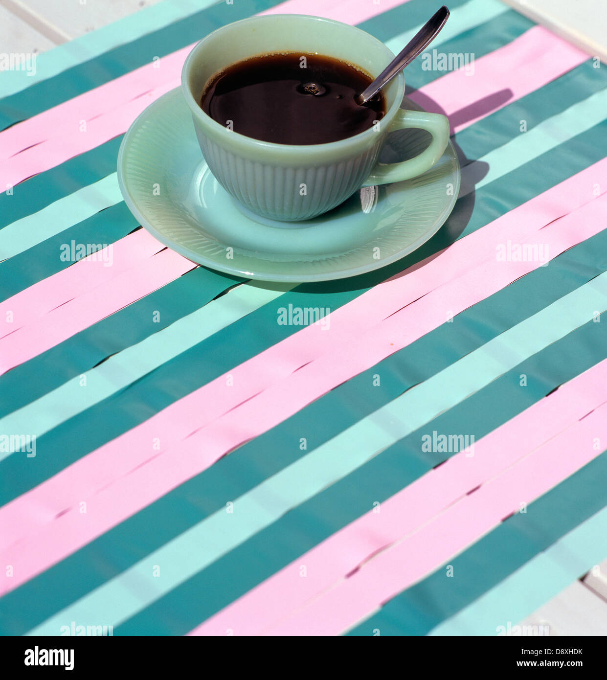 Cup of black coffee on striped surface, elevated view Stock Photo - Alamy