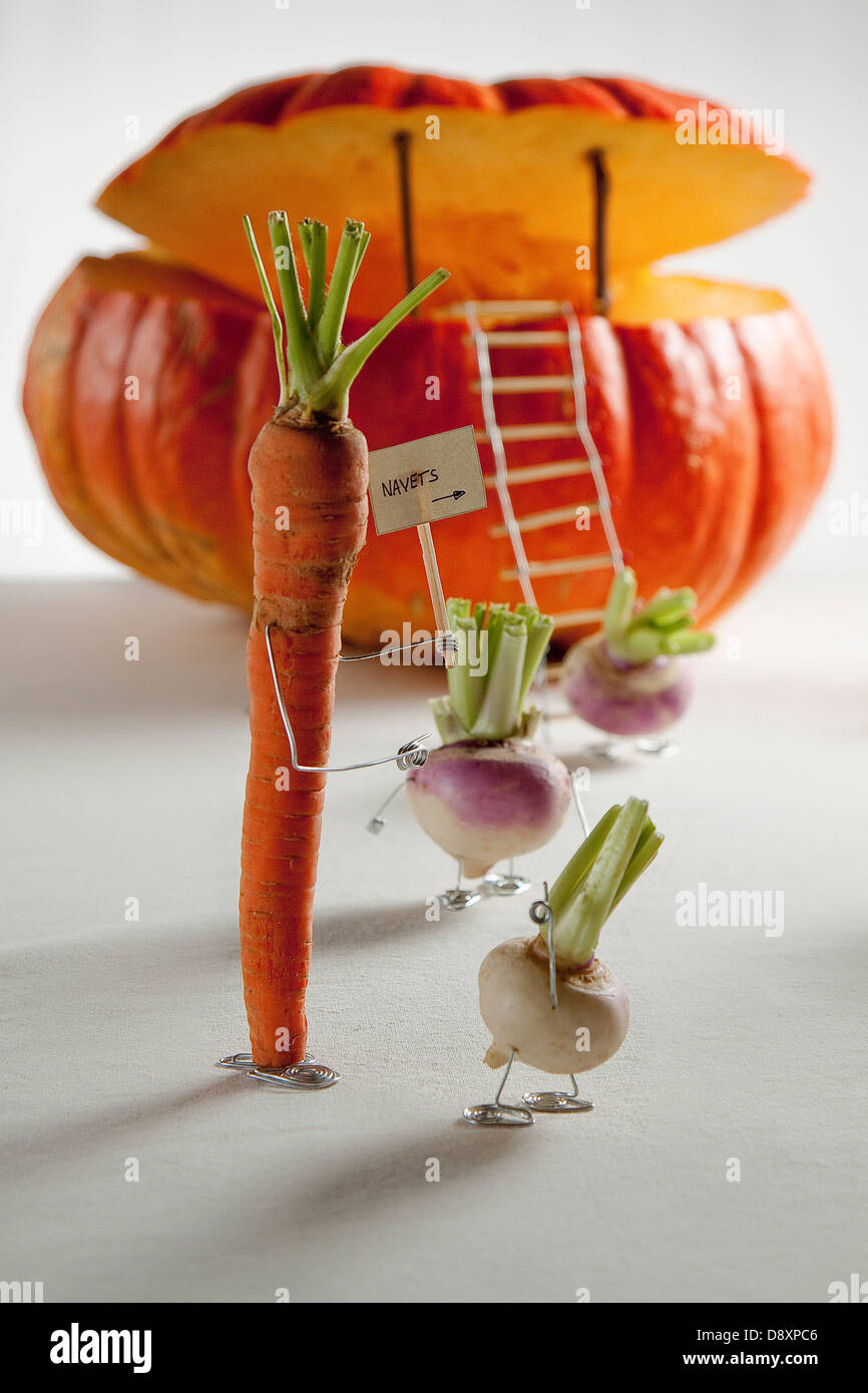 Mrs carrot taking a walk with the small turnips Stock Photo - Alamy