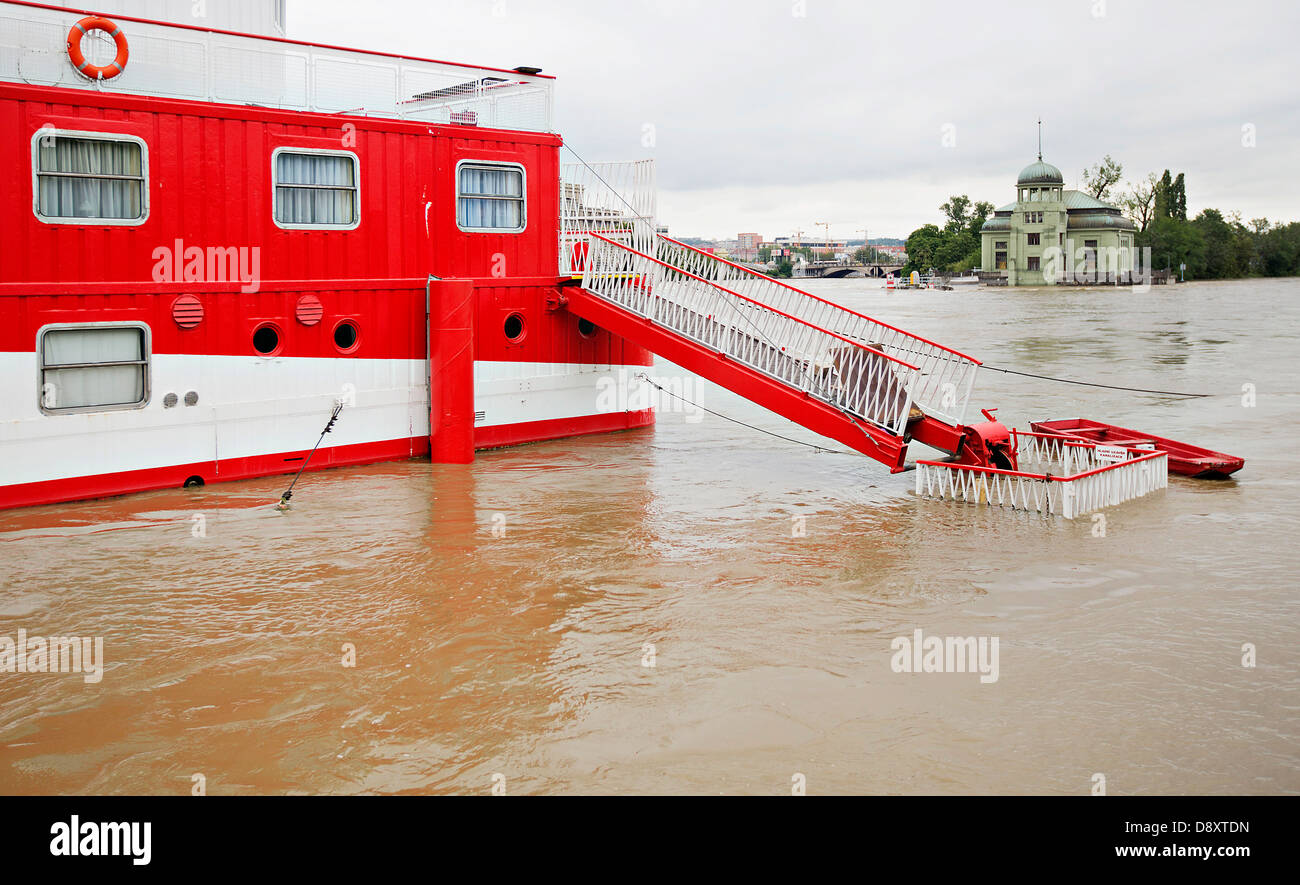 Botel Albatros water power plant at Stvanice Island on swollen Vltava ...