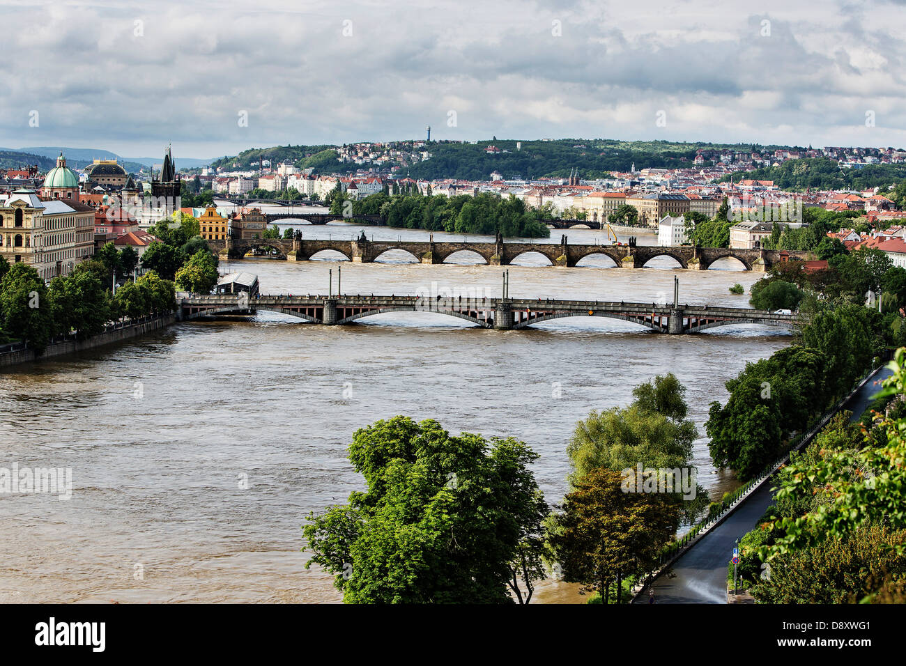 View of swollen Vltava river in center of Prague, on Sunday, June 4nd ...