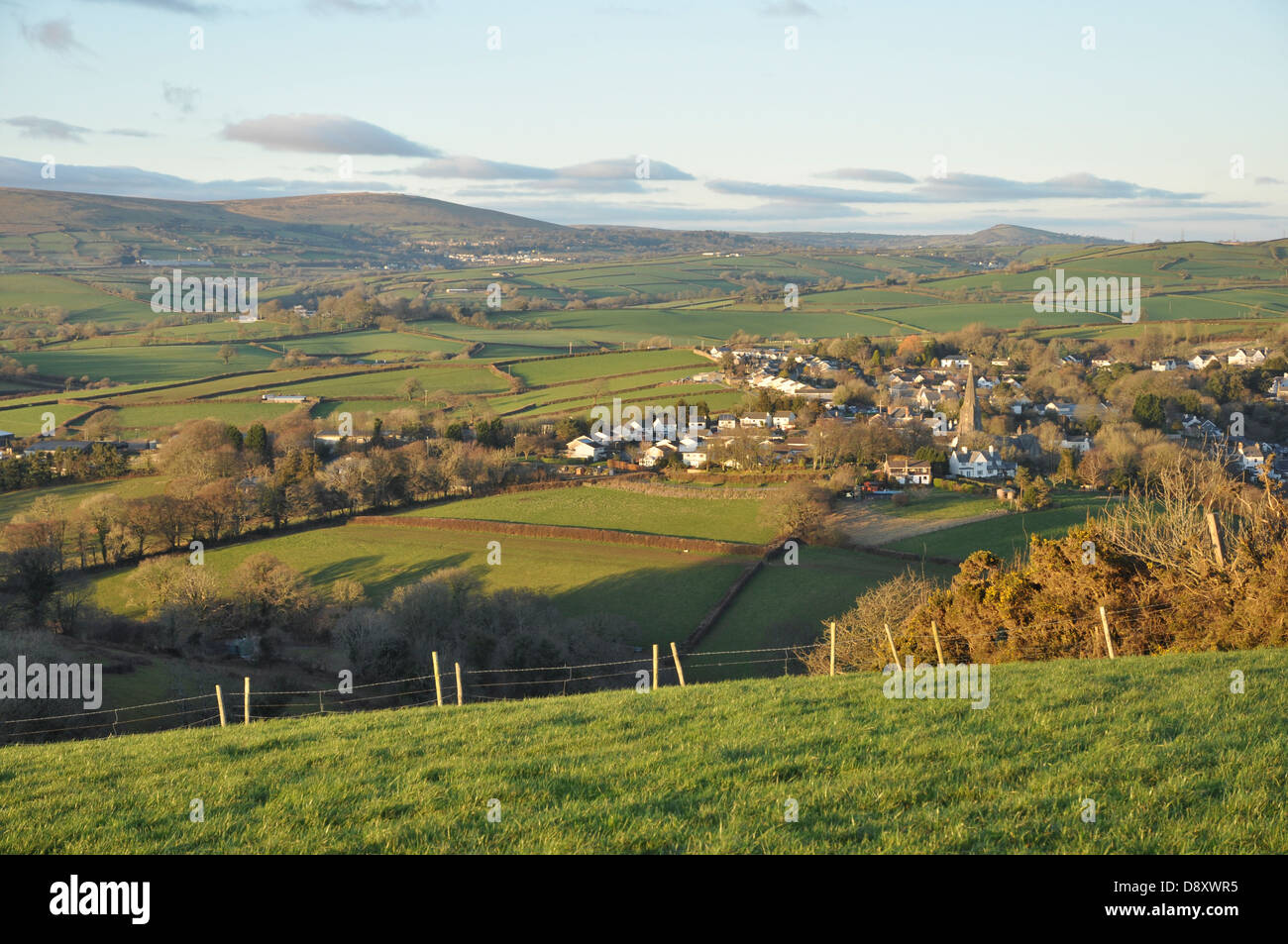 View over Modbury towards Dartmoor. Western Beacon, Ugborough Beacon ...
