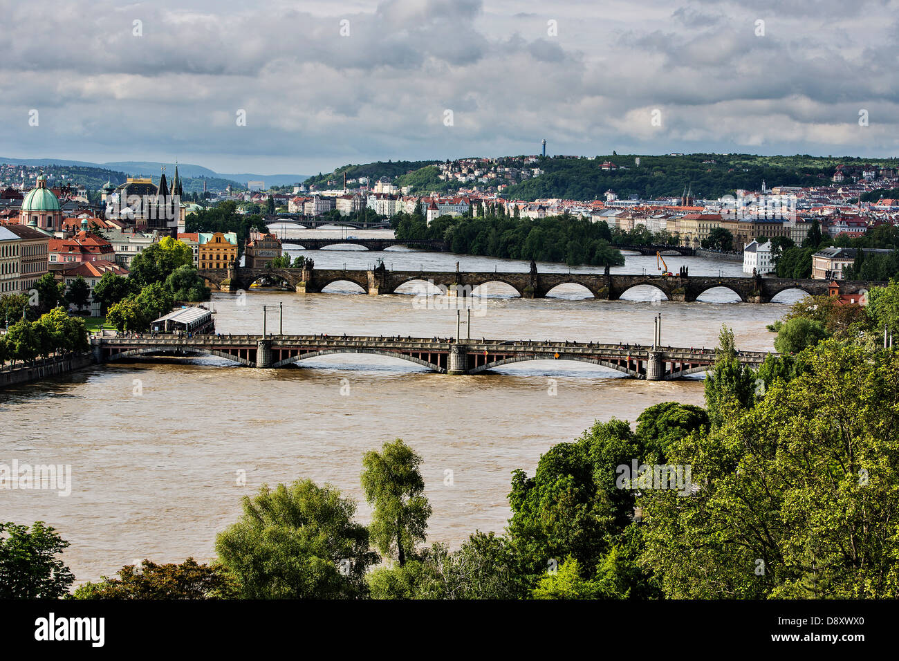 View of swollen Vltava river in center of Prague, on Sunday, June 4nd ...