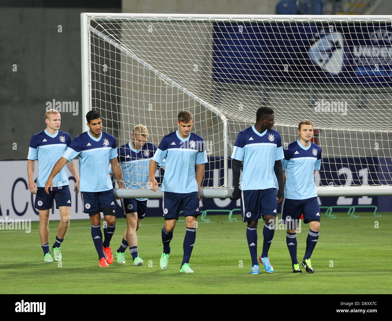 The Germany's under-21 soccer squad walk across the pitch during an ...