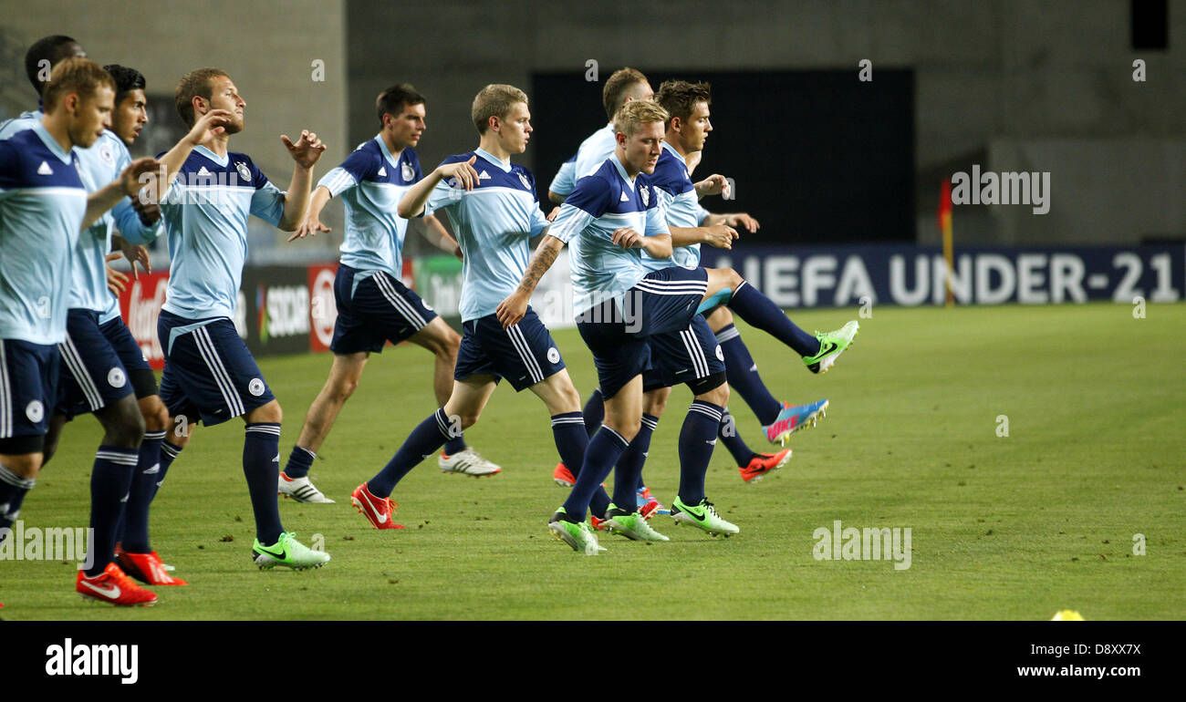 The Germany's under-21 soccer squad walk across the pitch during an ...