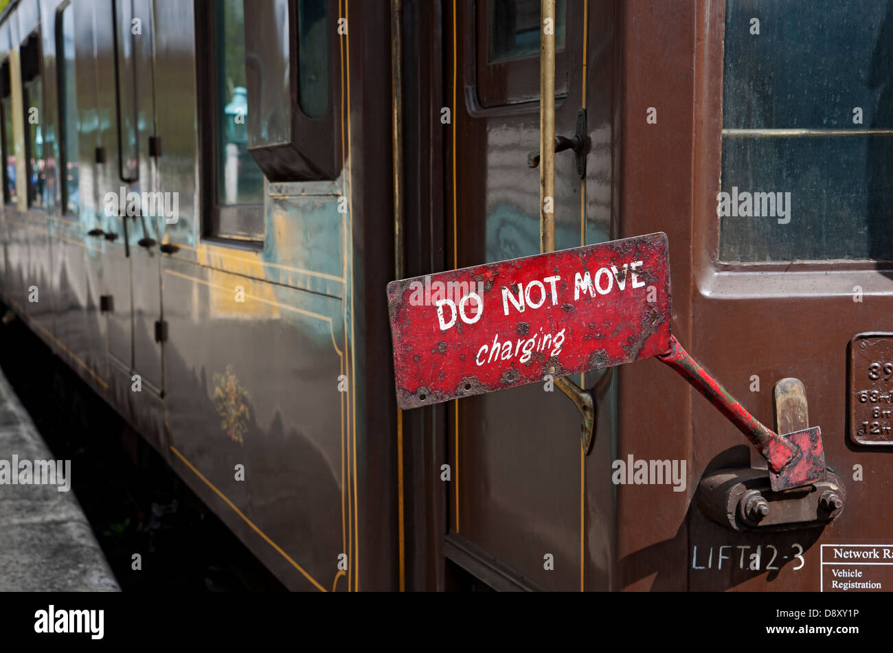 Close up of old vintage 'Do not move' sign on train carriage Grosmont ...