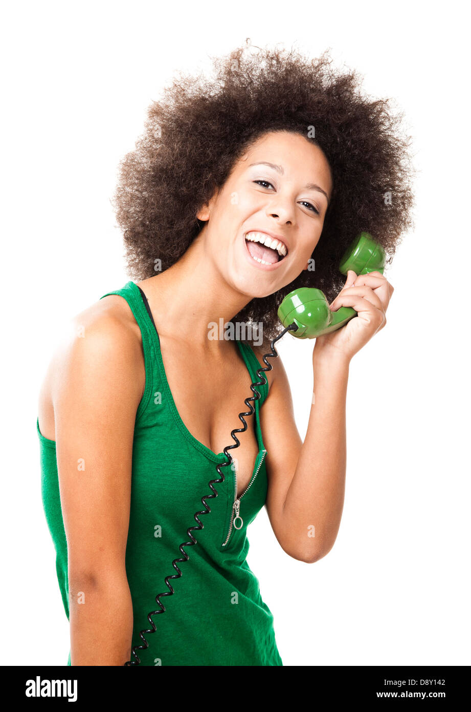 Afro-American young woman answering a call, isolated on white ...