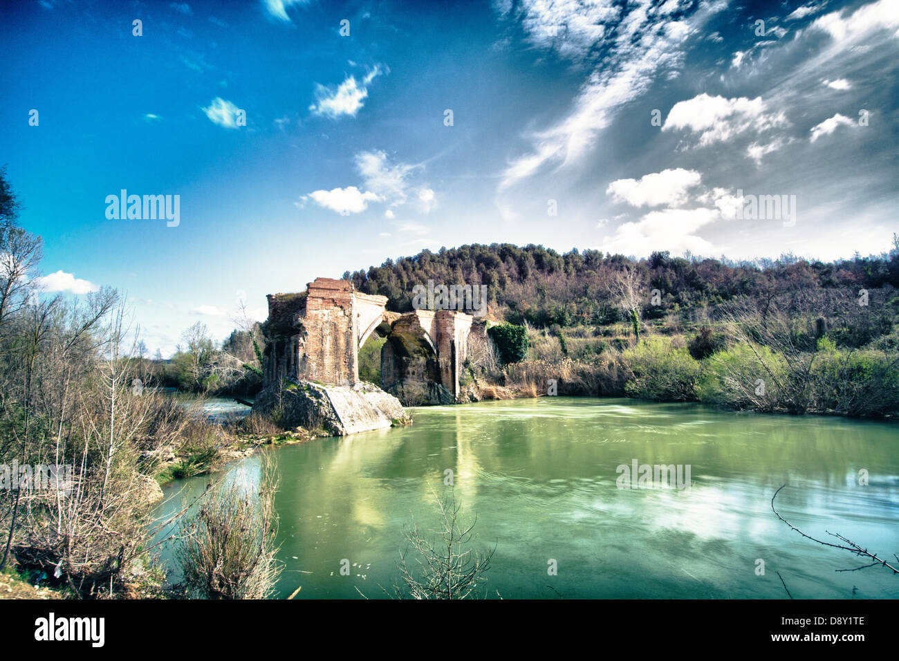 Panorama of the Old bridge destroyed in the Tuscan hills, with ...