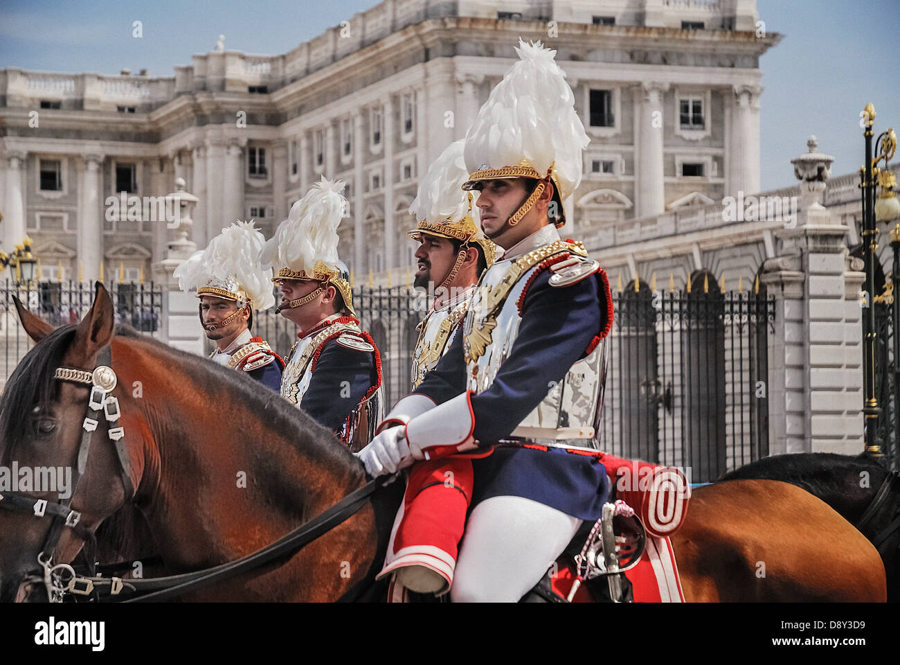 Spain, Madrid, Palacio Real Royal Palace Horse Guards on parade Stock ...