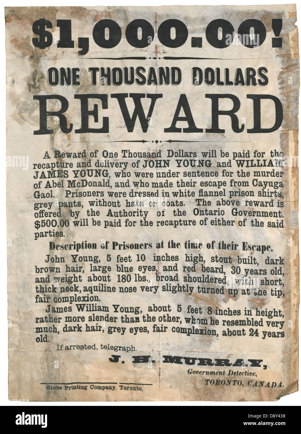 A 19th-century police reward poster offering $1,000 for information on ...