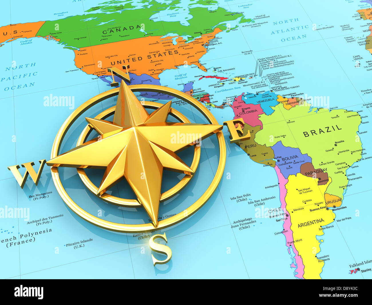 Navigation sign or compass on political map. 3d Stock Photo - Alamy