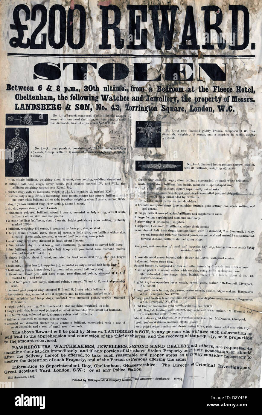 A 19th-century wanted poster offering a reward for a stolen item ...