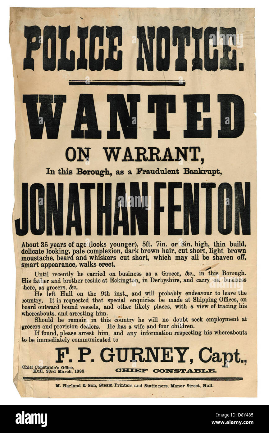 A 19th-century police notice offering a reward for criminals, providing ...