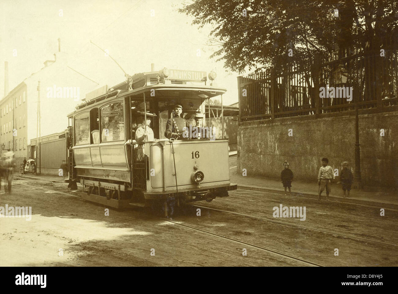 A photograph of a tram at Danviksgatan in Stockholm, taken in 1908. The ...
