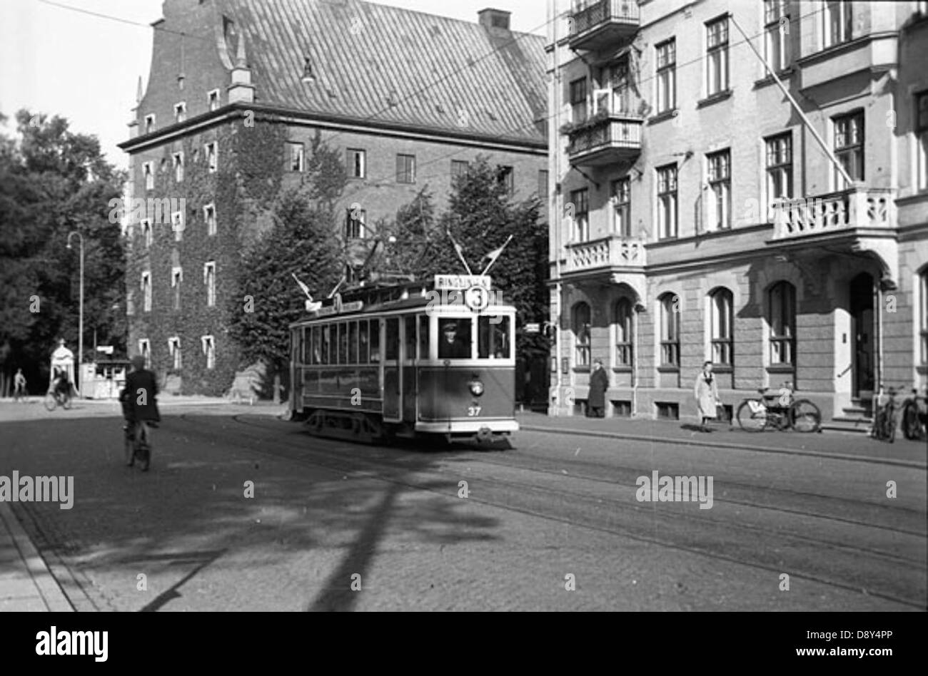 A photograph of a tram in Malmö, taken in 1944, showing the classic ...