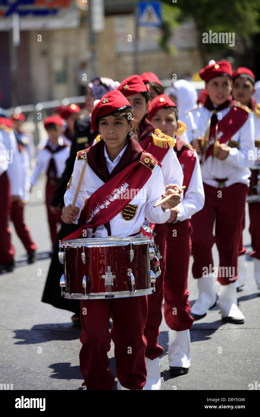 Jerusalem. 6th June 2013. Palestinian scouts play musical instruments ...