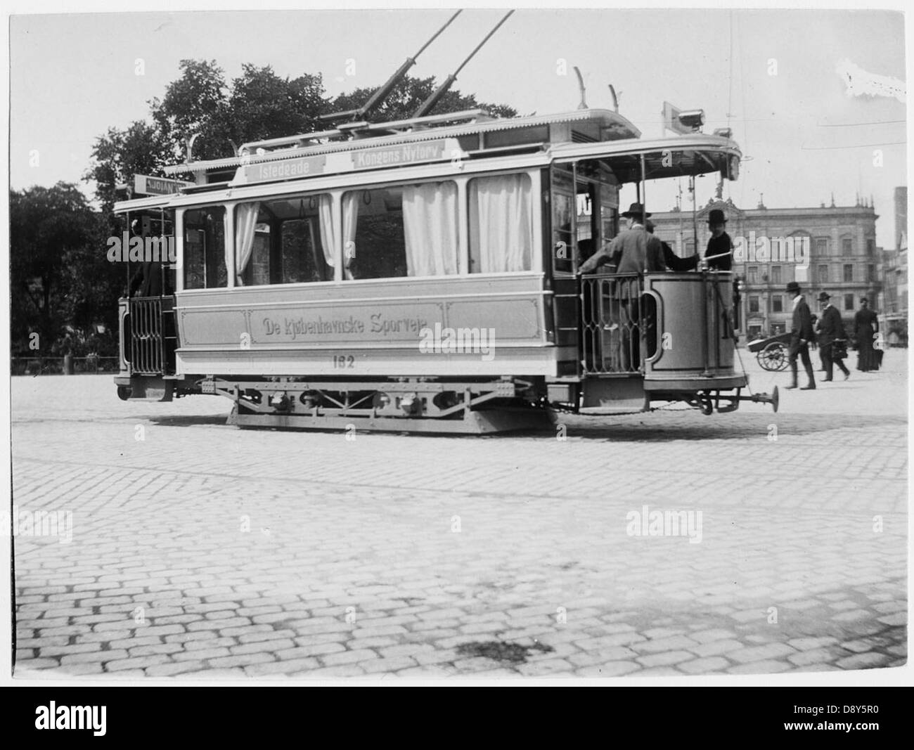 This historical photograph shows a tram in Copenhagen, Denmark, taken ...