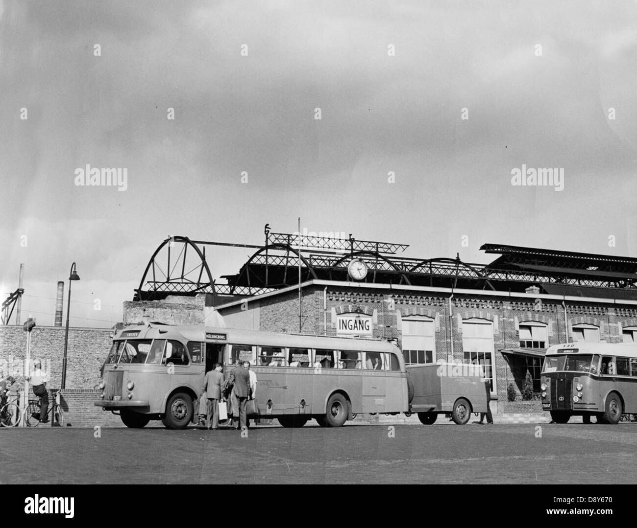 A historic photograph of Nyborg's bus station in Denmark, taken in 1949 ...