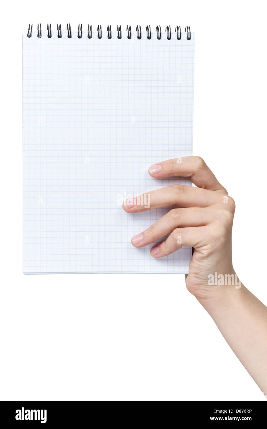female teen hand holding notebook on a spring to write something ...