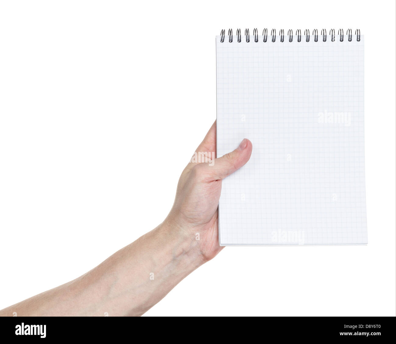 adult man hand holding notebook on a spring with blank page to write ...