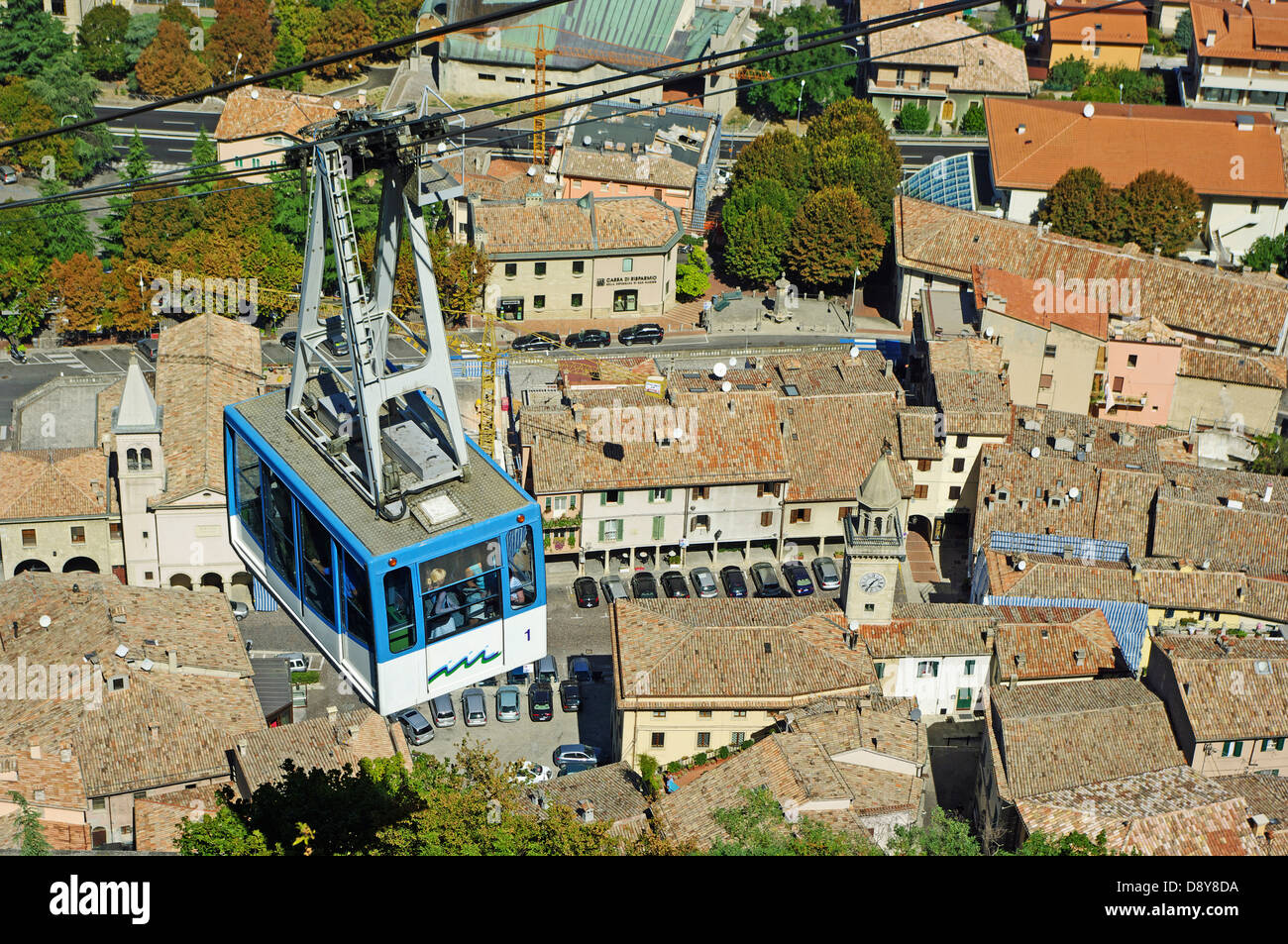 Aerial Cable Car ride over city rooftops during the ascent to Monte ...