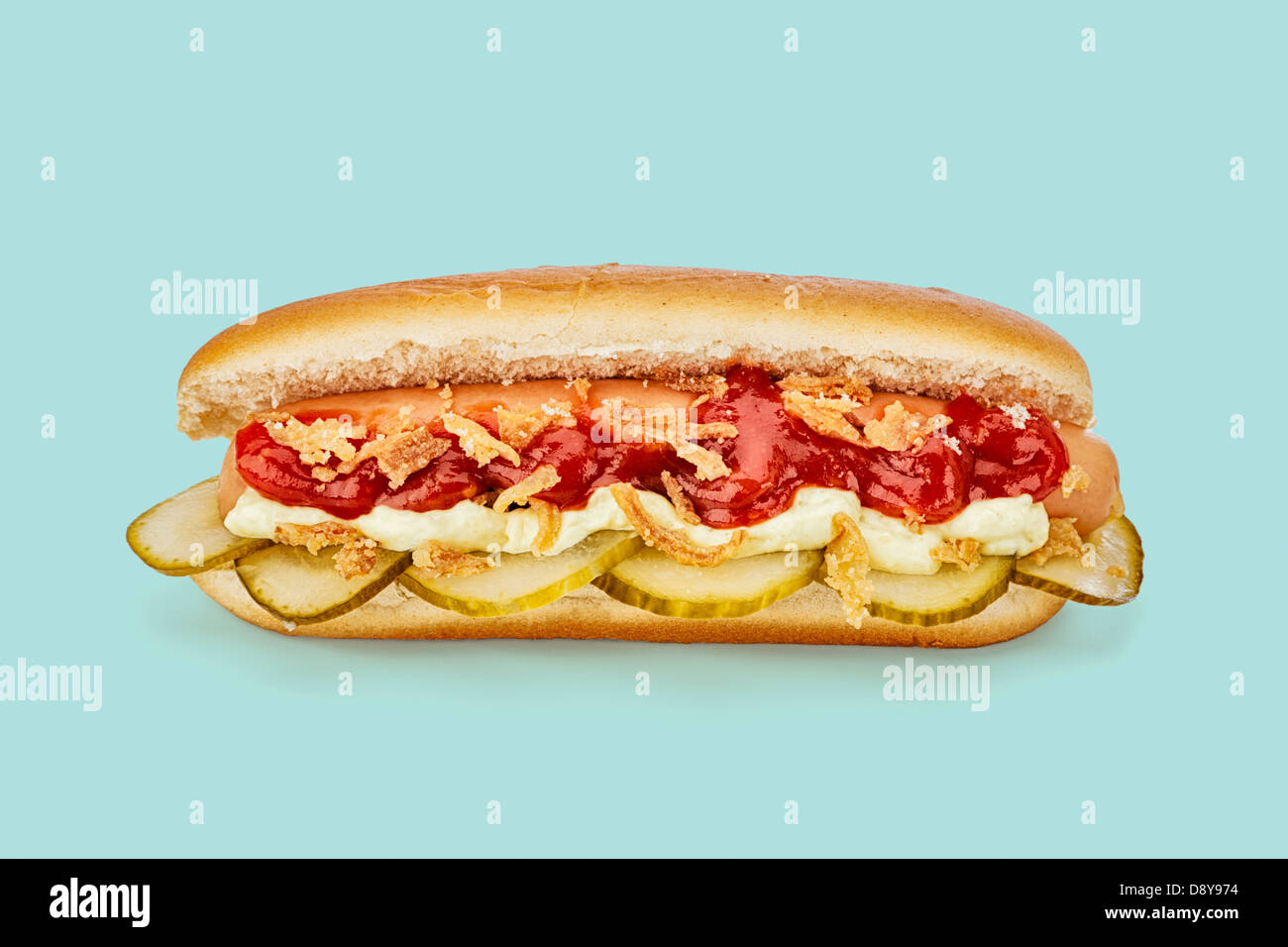 Hot Dog on light blue background Stock Photo - Alamy