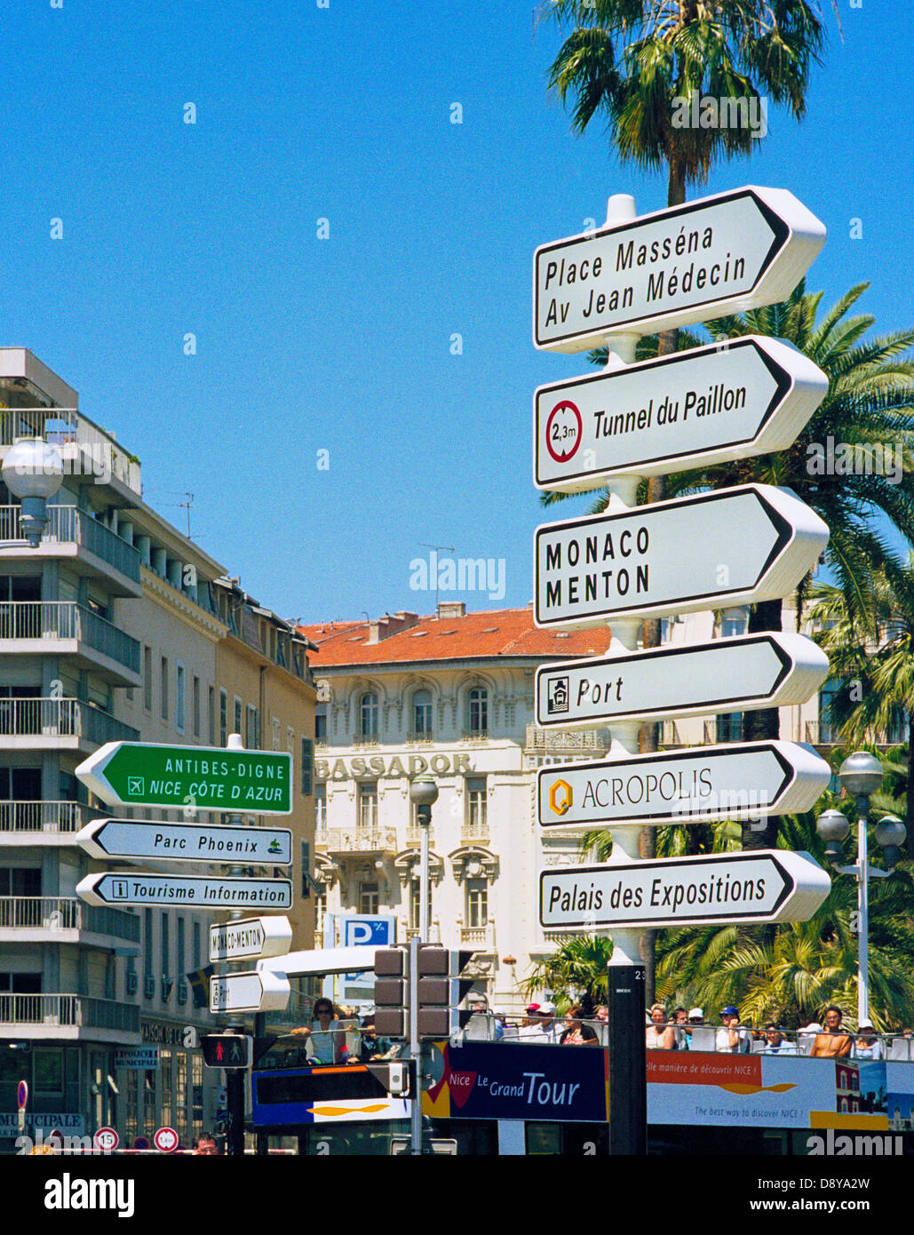 Direction road signs on the Promenade des Anglais, Nice, Cote d'Azur ...