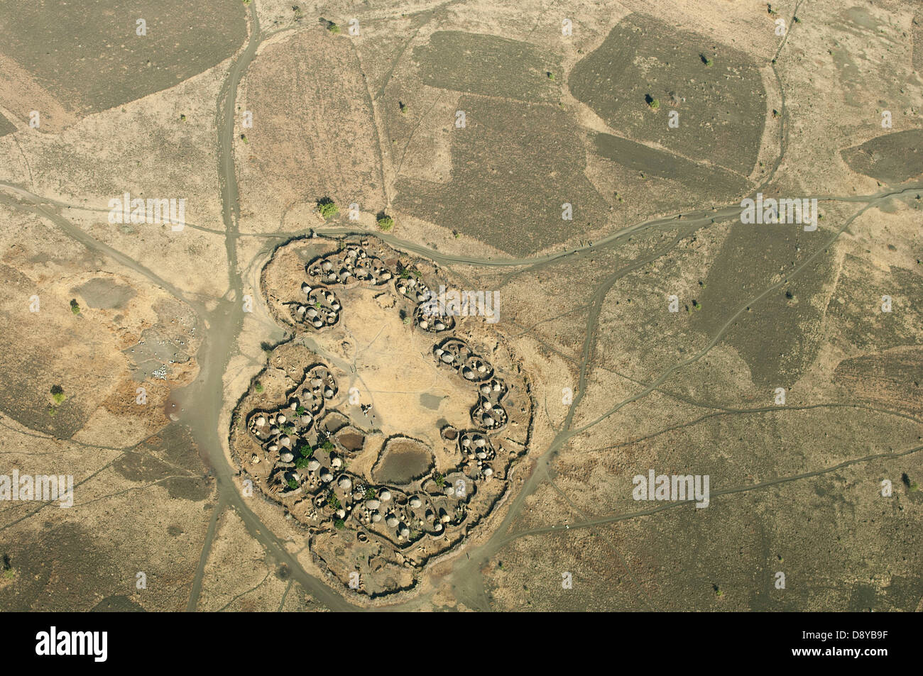 Uganda, Karamoja, Aerial views down on a traditional Manyatta cattle ...