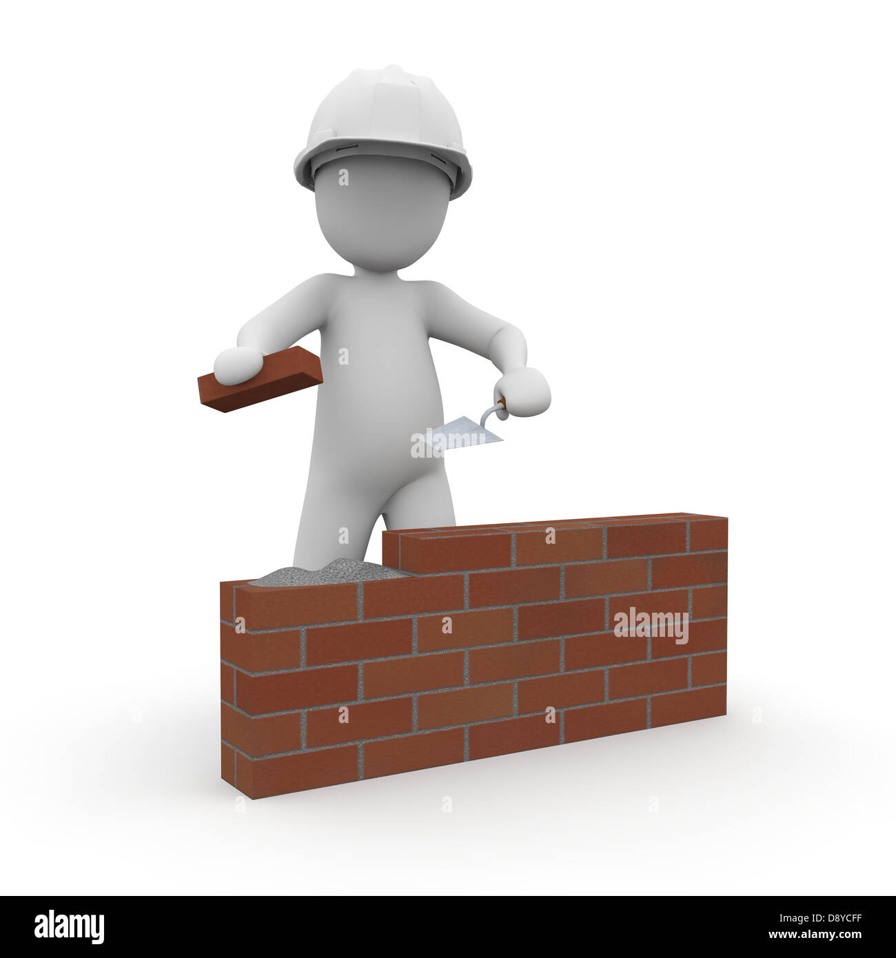 The character is a mason and builds a brick wall Stock Photo - Alamy