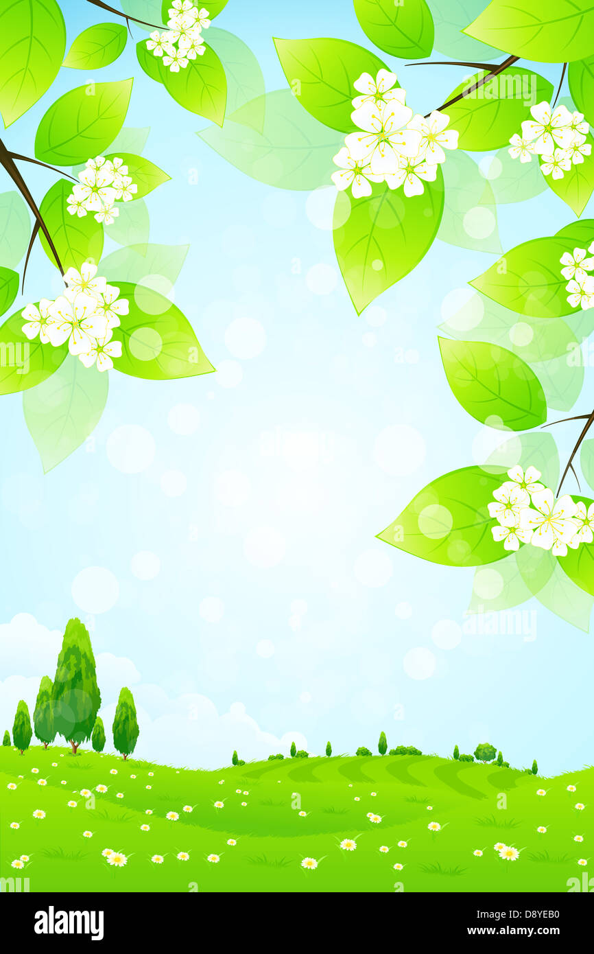 Green Landscape with Tree Branch, Trees and Flowers Stock Photo - Alamy