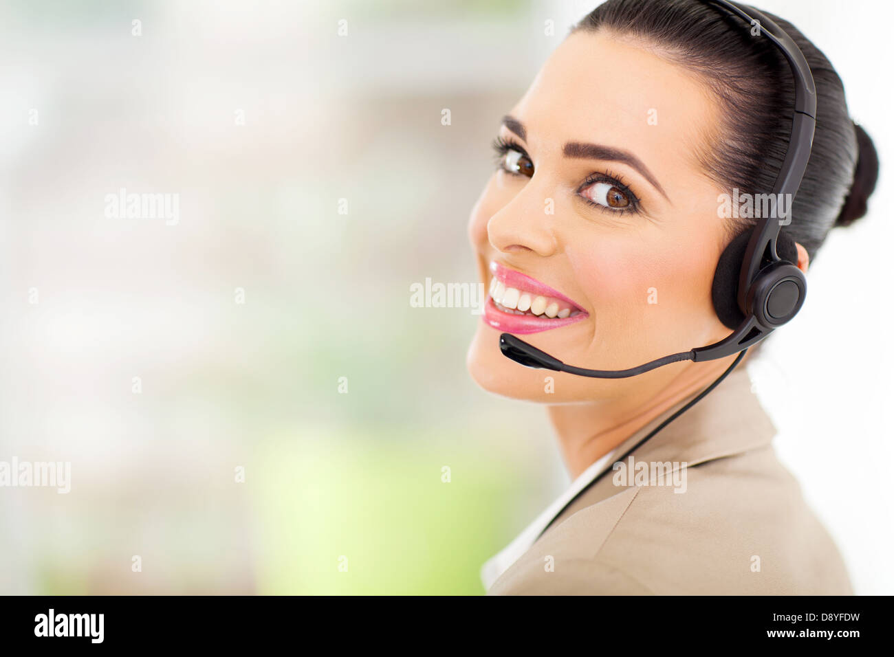 cheerful female call center telemarketer with headset Stock Photo - Alamy