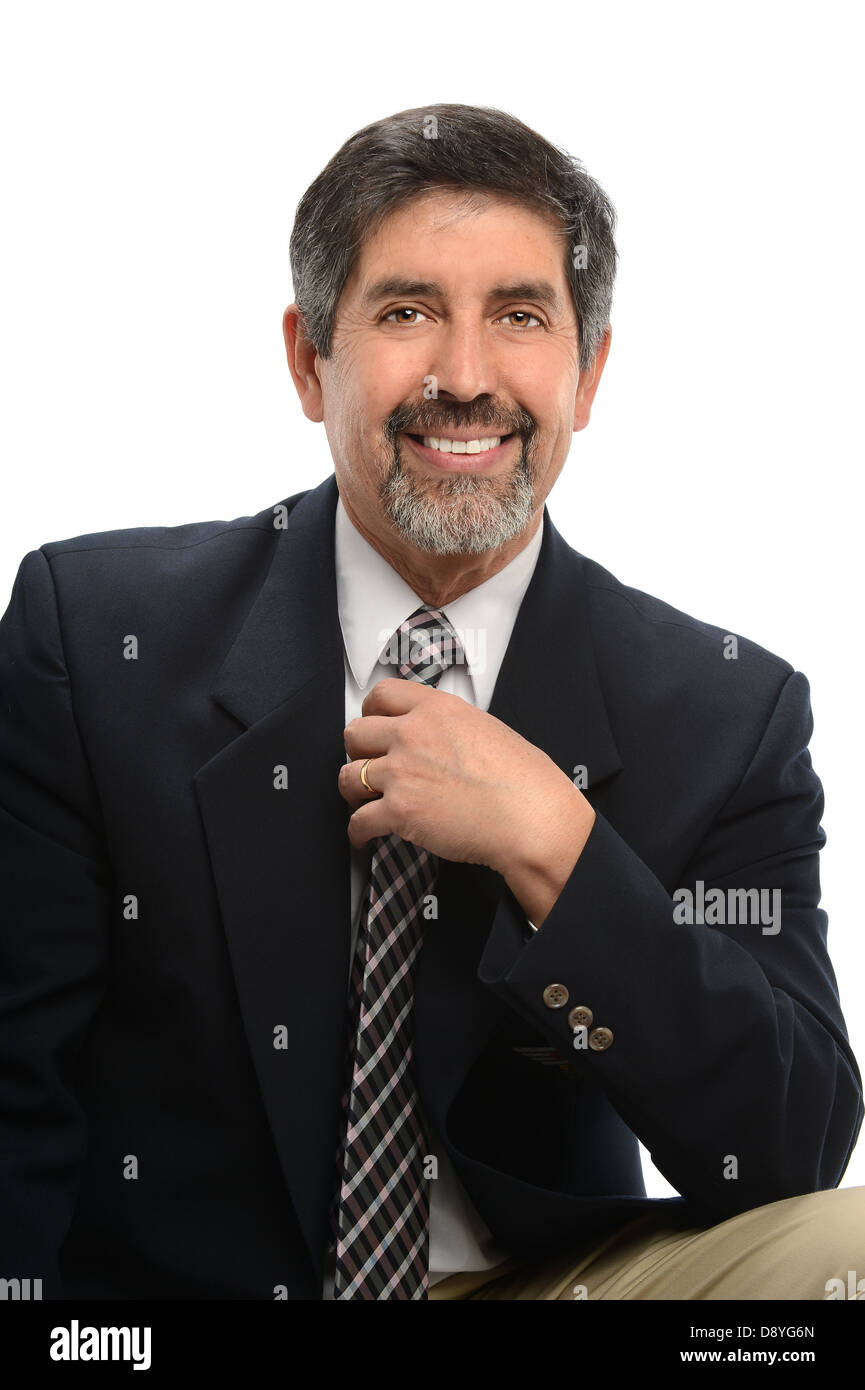 Portrait of Hispanic businessman smiling isolated over white background ...