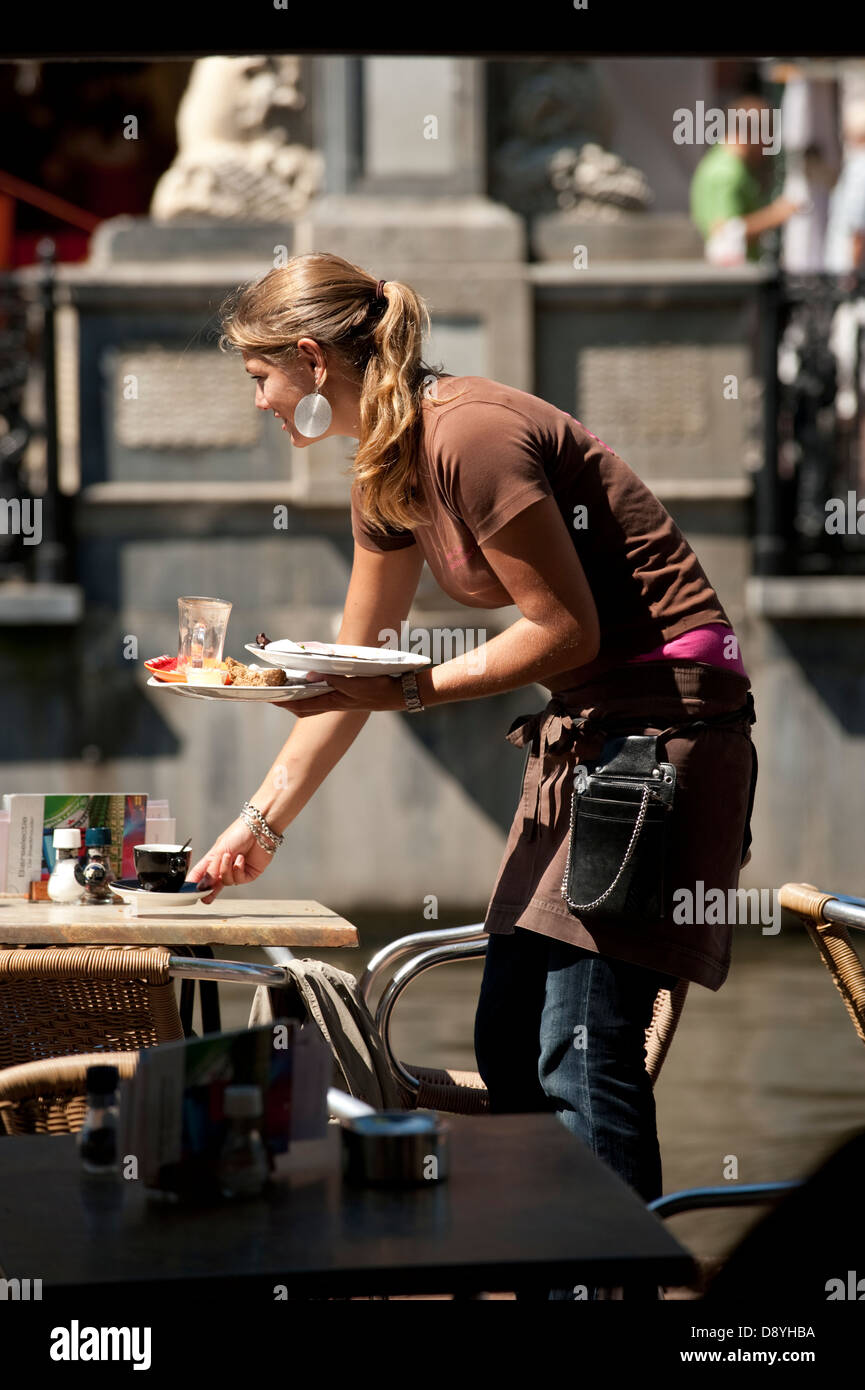 Waitress serving coffee street cafe Leiden Holland Netherlands Europe ...