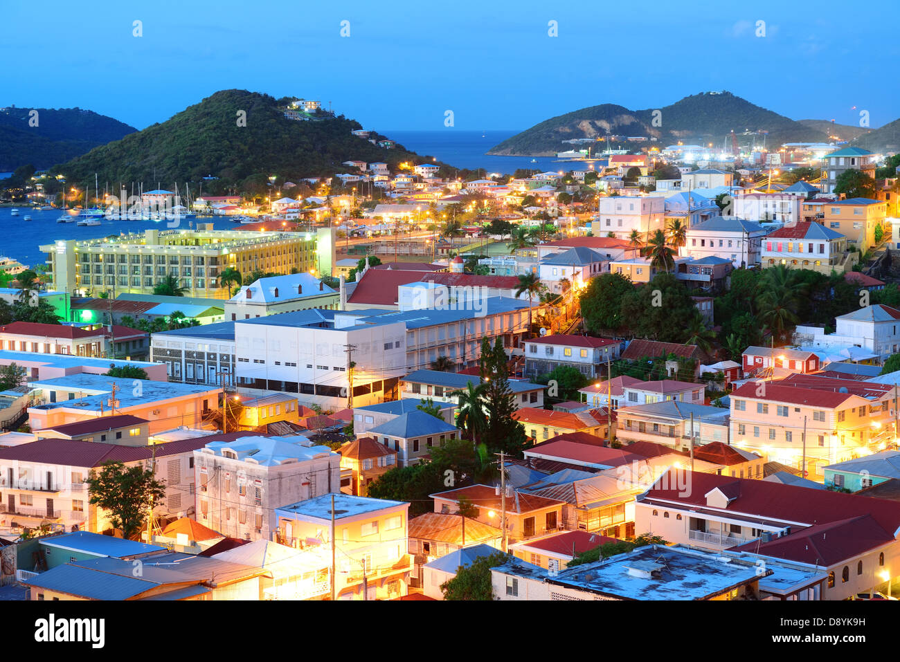 Virgin Islands St Thomas mountain view in early morning with buildings ...