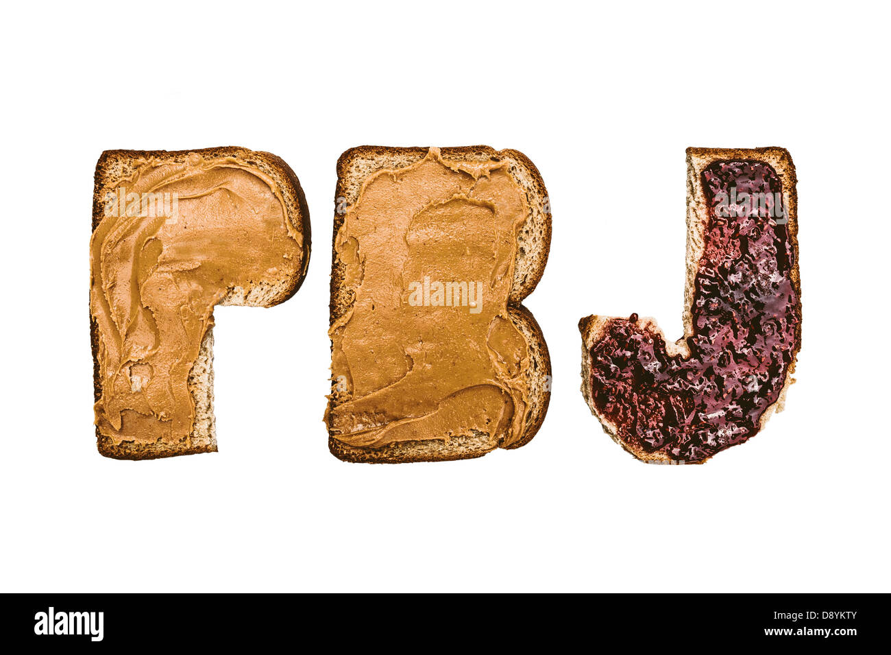 Peanut butter and jelly with bread cut out into the letters P, B, and J ...